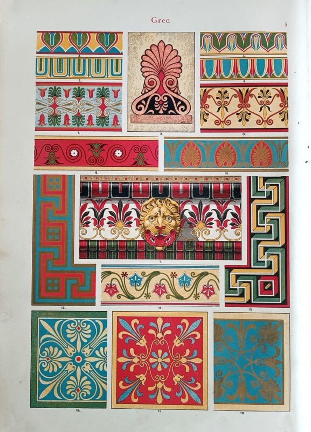 1890 Antique Original Chromolithograph Print of Greek Ornament ...