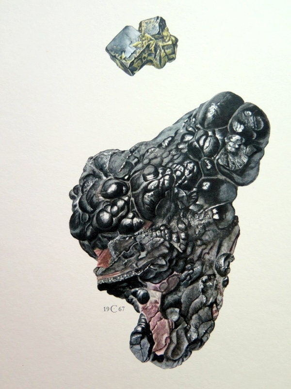 1967 Antique RADIACTIVE MINERAL Lithograph, Vintage URANINITE Color ...