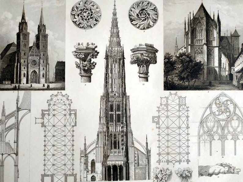 Antique GOTHIC ARCHITECTURE Engraving 1859 Ulm Cathedral | Etsy