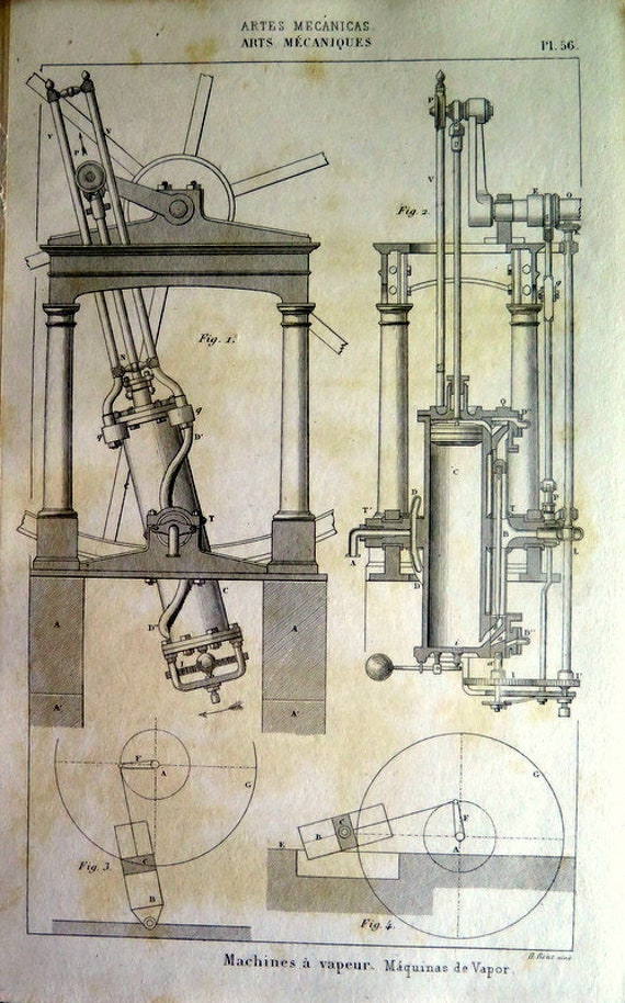 1852 Antique Parts STEAM ENGINE Print Original Science | Etsy