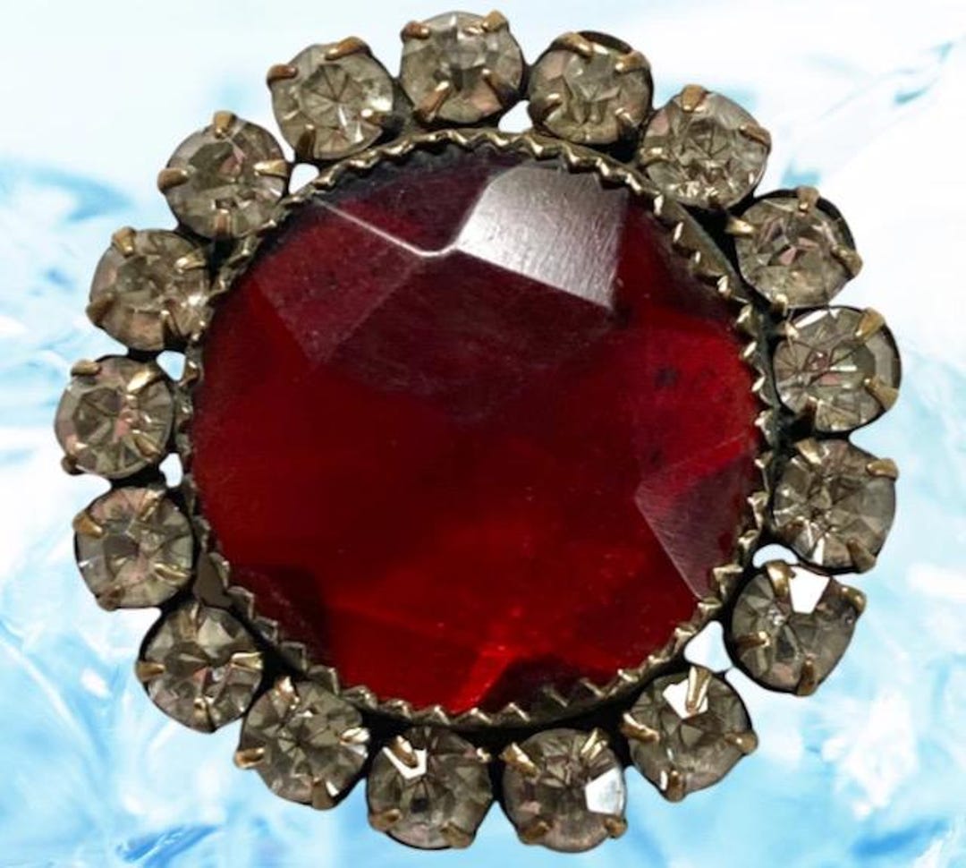 15/16" Lovely Victorian Era Claw Set Faceted Red Glass in Metal W Paste ...
