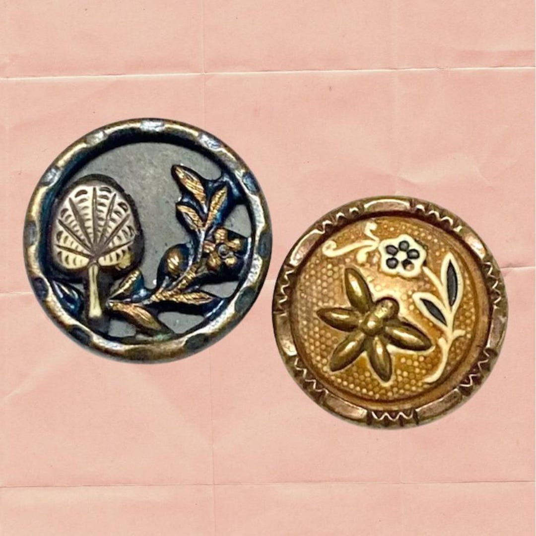 7/16 Pair of Sweet Antique Austrian Tiny Ivoroid Buttons Fan Plant Life ...
