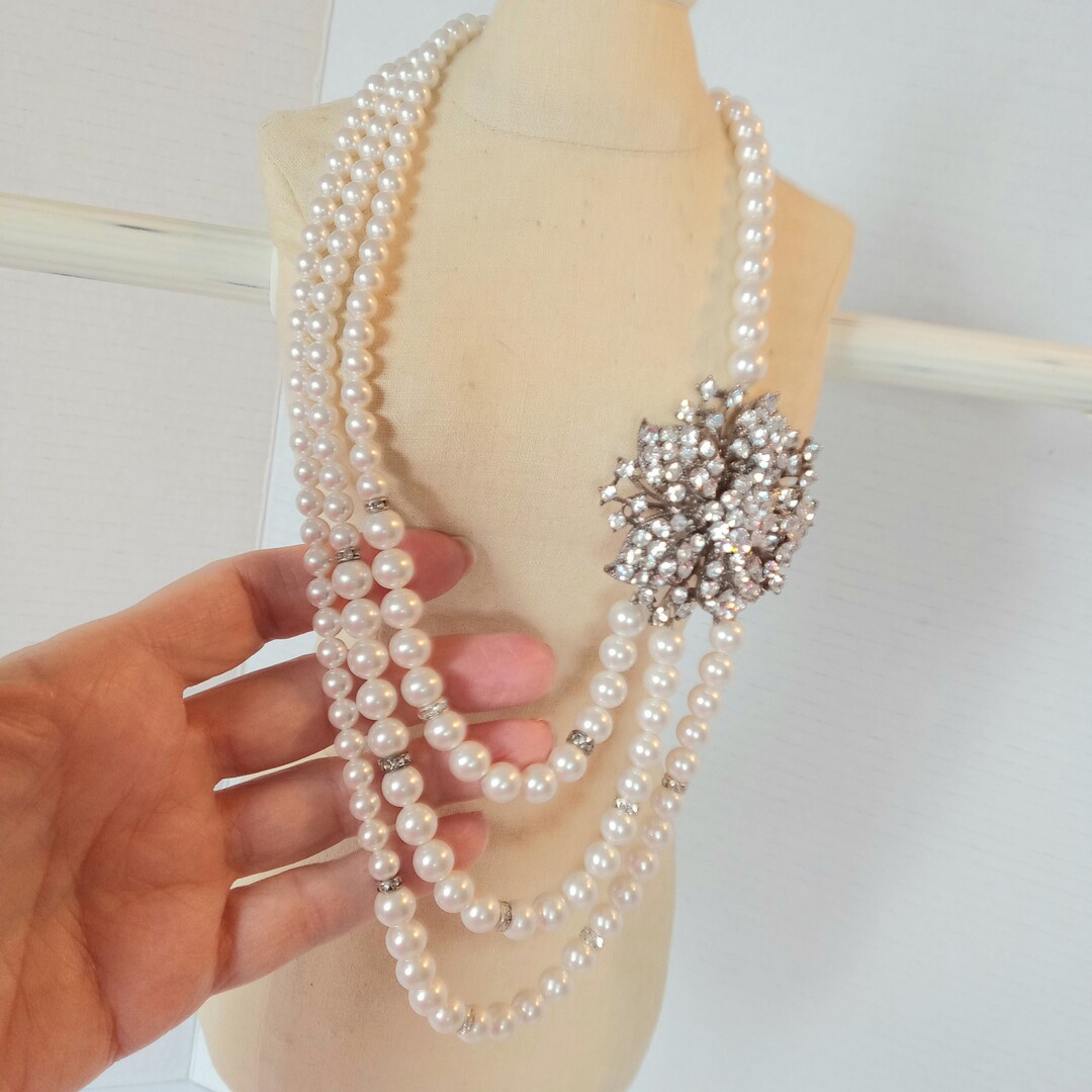 Designer Statement Multi Strands Simulated Pearls and Rhinestones ...