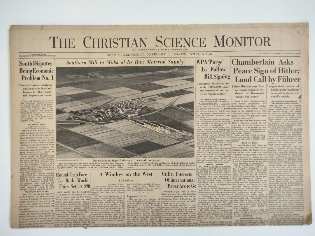 The Christian Science Monitor Newspaper 1939 February 1 Chamberlain ...