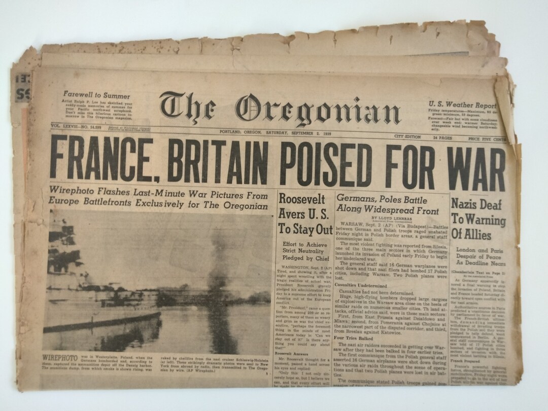 The Oregonian Newspaper 1939 September 2 NAZI GERMANS Bombard ...