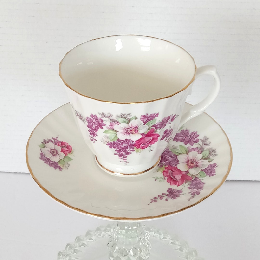 Mayfair Fine Bone China Fluted Lilacs and Floral Teacup and Saucer ...
