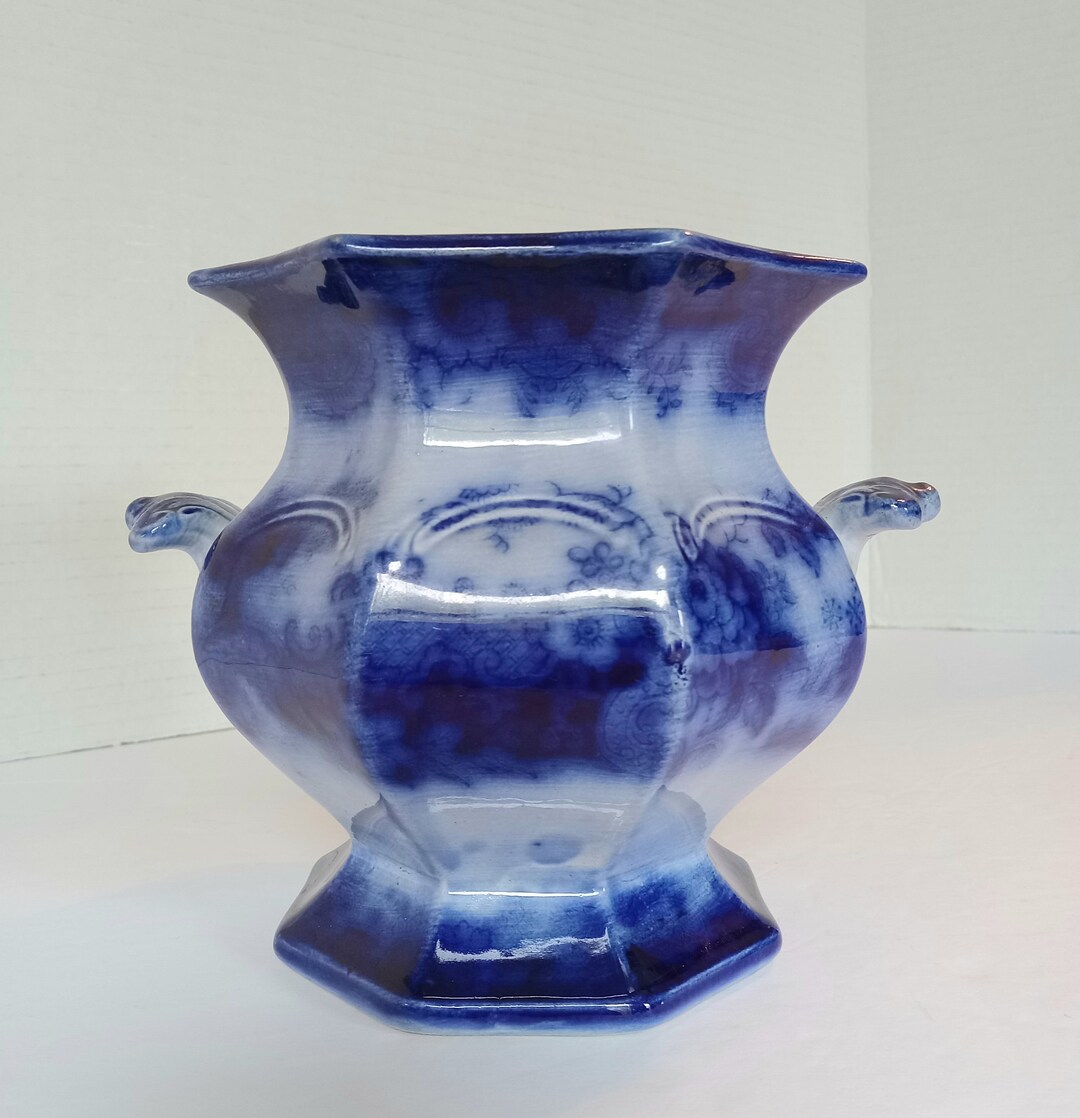 Antique Flow Blue Two Handles Bowl Open Sugar Bowl Deep Cobalt Blue ...