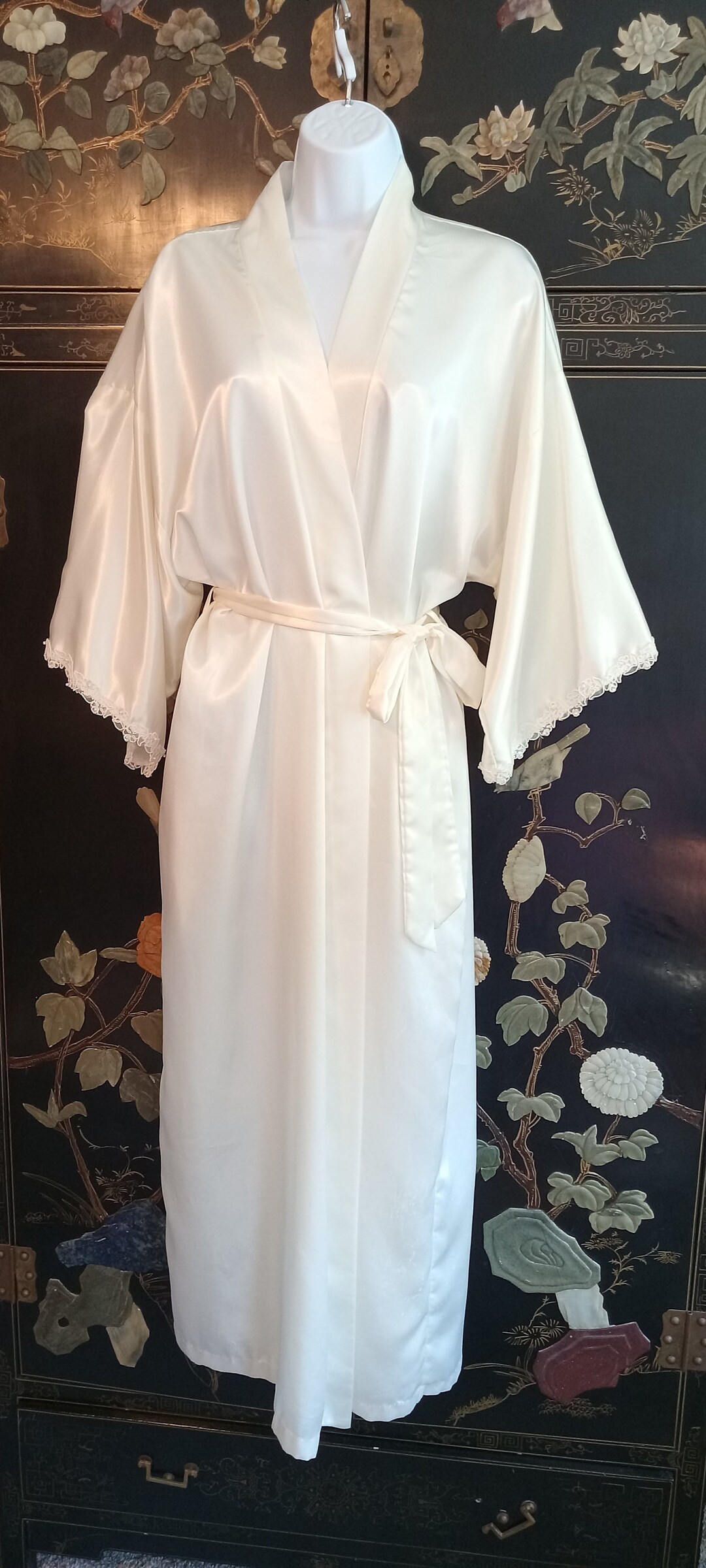 California Dynasty Silky Cream White Kimono Robe Full Length Faux White ...