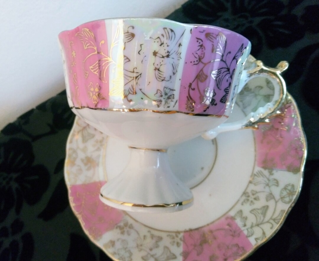 Pink Luster Pedestal Tea Cup and Saucer Set With Gold Gilding and Gold ...