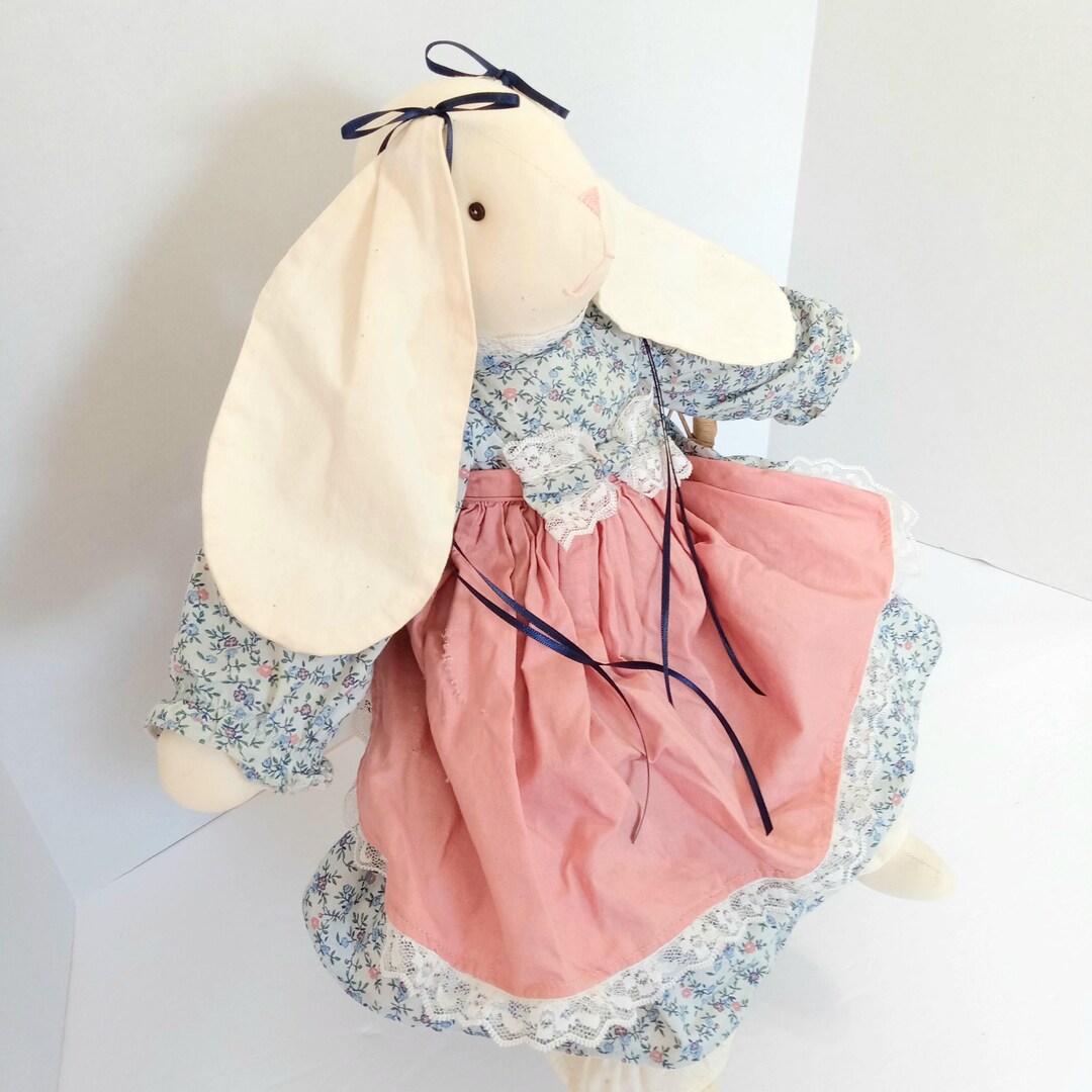 Vintage Folk Lop Bunny Rag Doll Dressed in Blue Floral Dress and Pink Pinafore With Whtie ...