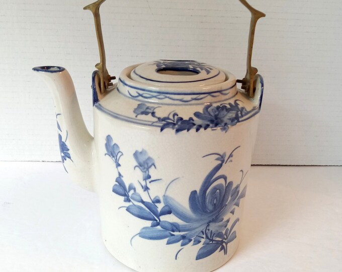 English Blue White China Teapot With Brass Handle 9 1/2" Hallmarked ...