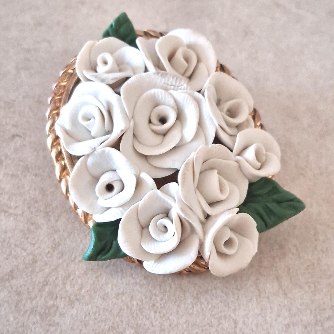 Vintage Pave White Porcelain Roses Brooch Scrolled Edge Artist Signed ...