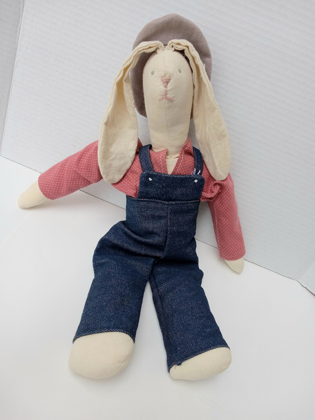 Vintage Bunny Rag Doll Folk Lop Farmer Primitive Doll Lop Bunny Denim Overalls Cotton Doll 18 ...