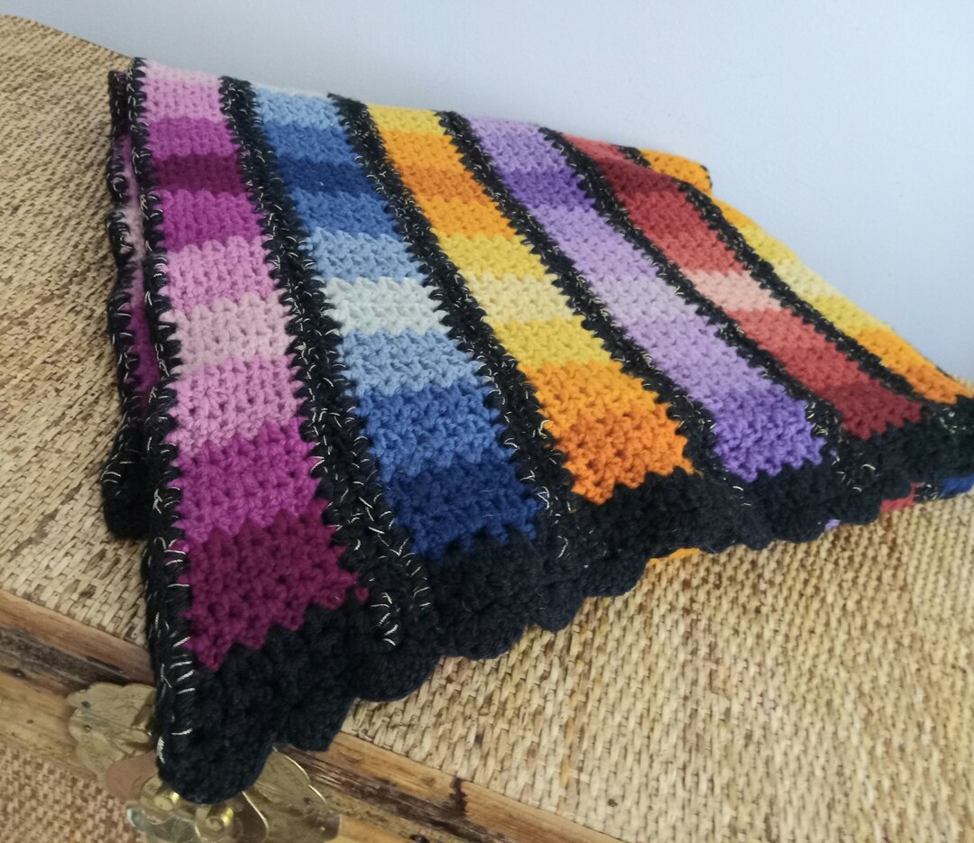 Vintage Black and Colorful Rainbow Afghan Hand Made Multicolor Blanket ...
