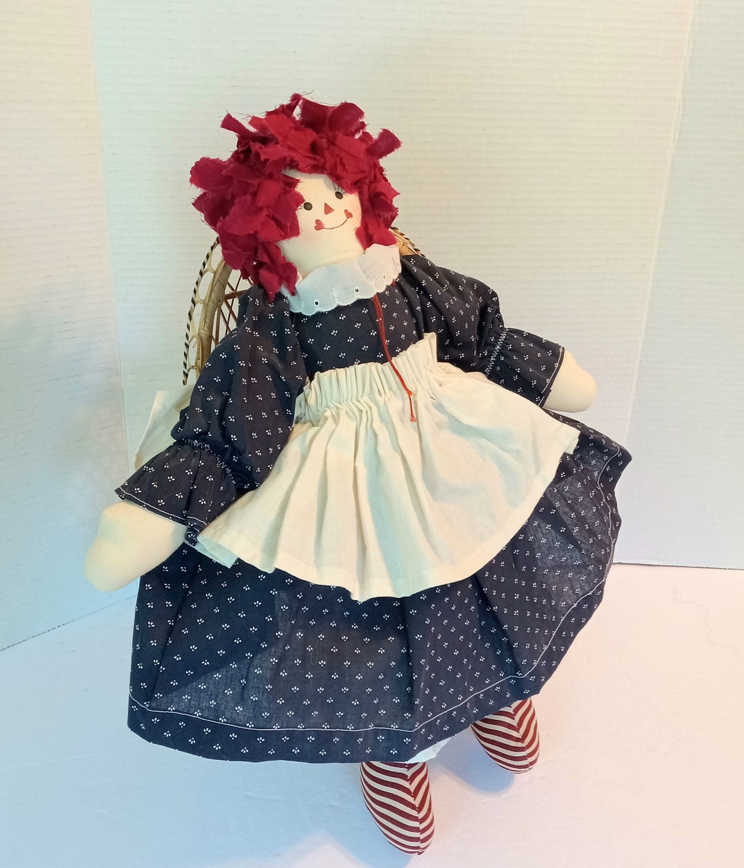Vintage Primitive Red Fabric Rags Hair Raggedy Ann Doll, Navy Blue ...