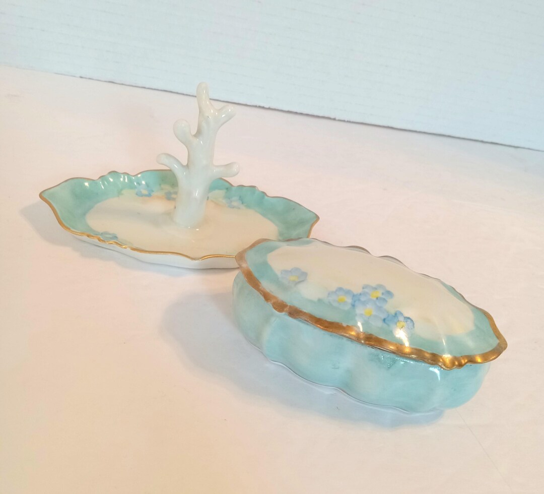 Vintage R S Germany Turquoise Porcelain Vanity Set: Ring & Trinket ...