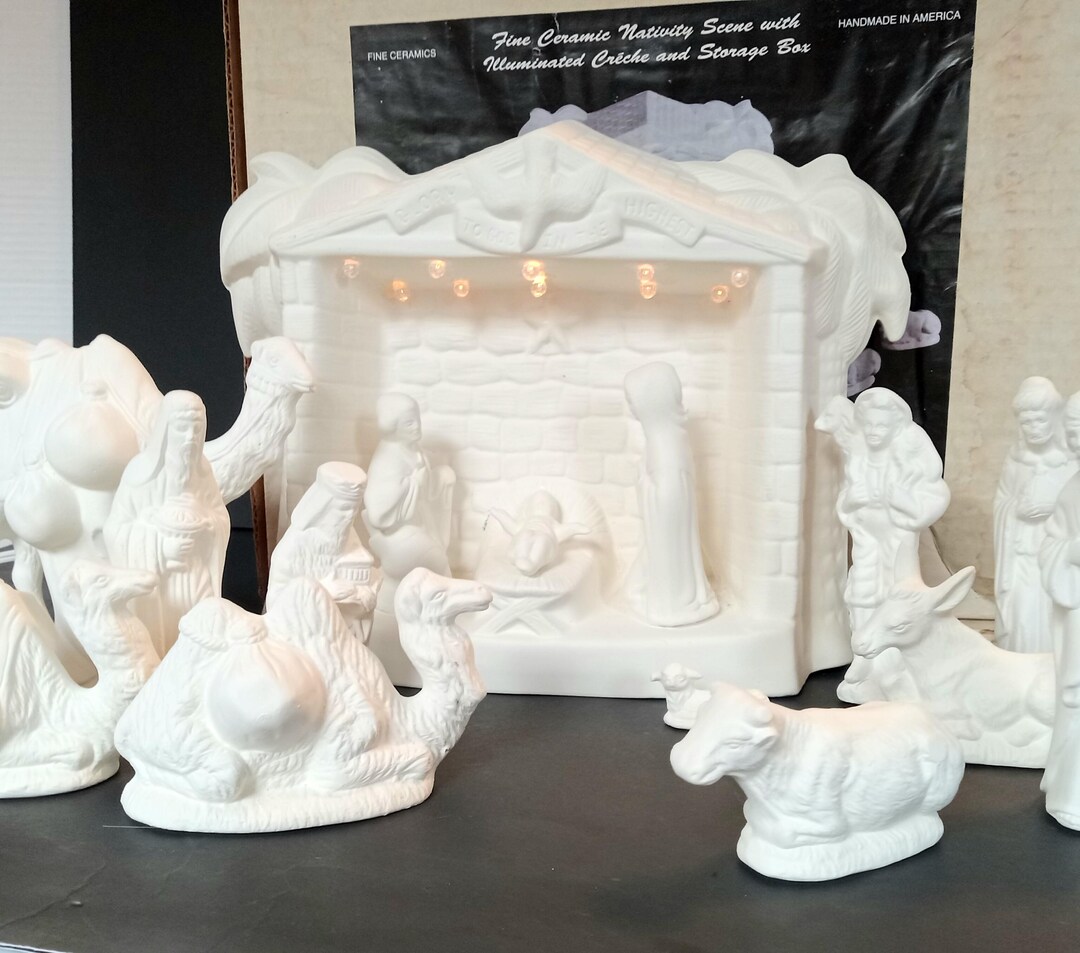 Vintage Handmade White Porcelain Lighted Nativity Set Fine Ceramic Holy ...