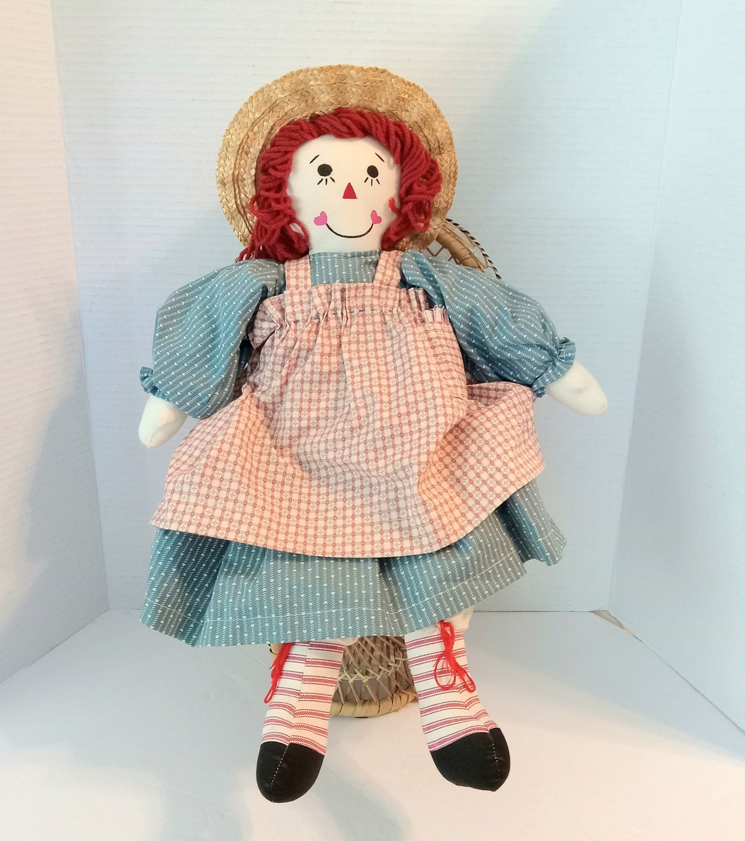 Vintage Large Raggedy Ann Doll Wearing a Straw Hat Country Blue Dress ...