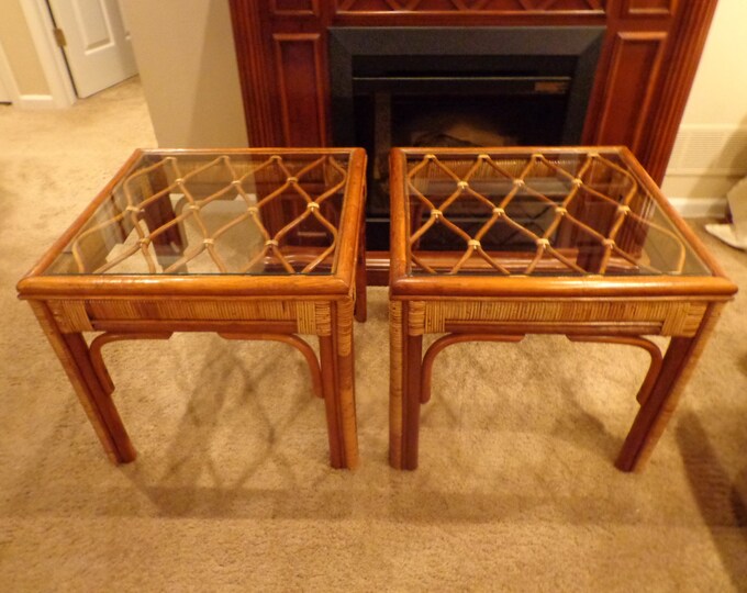 Vintage Indonesian Bamboo Rattan End Tables, Glass Top, Pt Fendi Mungil ...