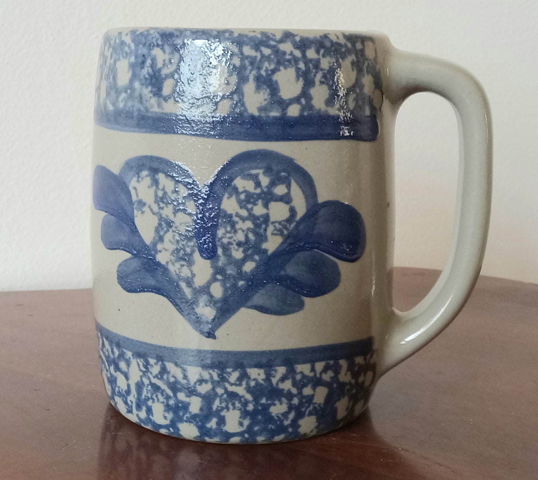 Vintage Primitive Blue Spatterware Pottery Mug Folk Style Blue Sponge ...