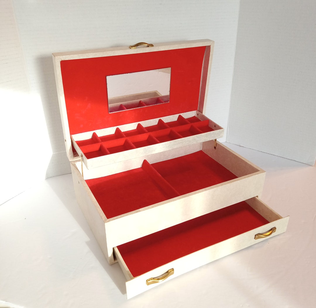 Vintage Mid Century Faux Leather 2 Tier Jewelry Box With Drawer Brass ...