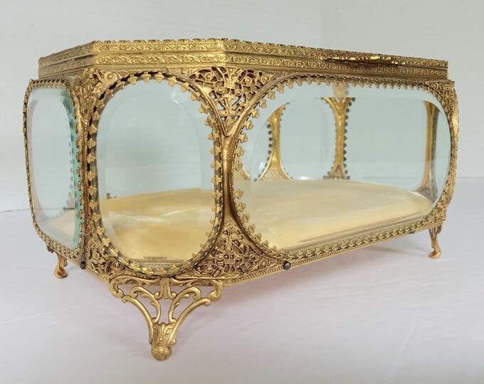 Rare Very Large Antique French Casket Jewelry Box Beveled Glass Paneled ...