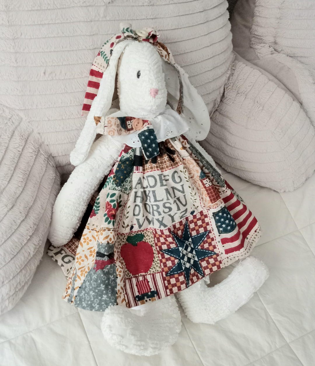 Chenille Lop Bunny Rabbit Rag Doll in Primitive / Folk Abcs Dress Jointed Lop Bunny 18" - Etsy