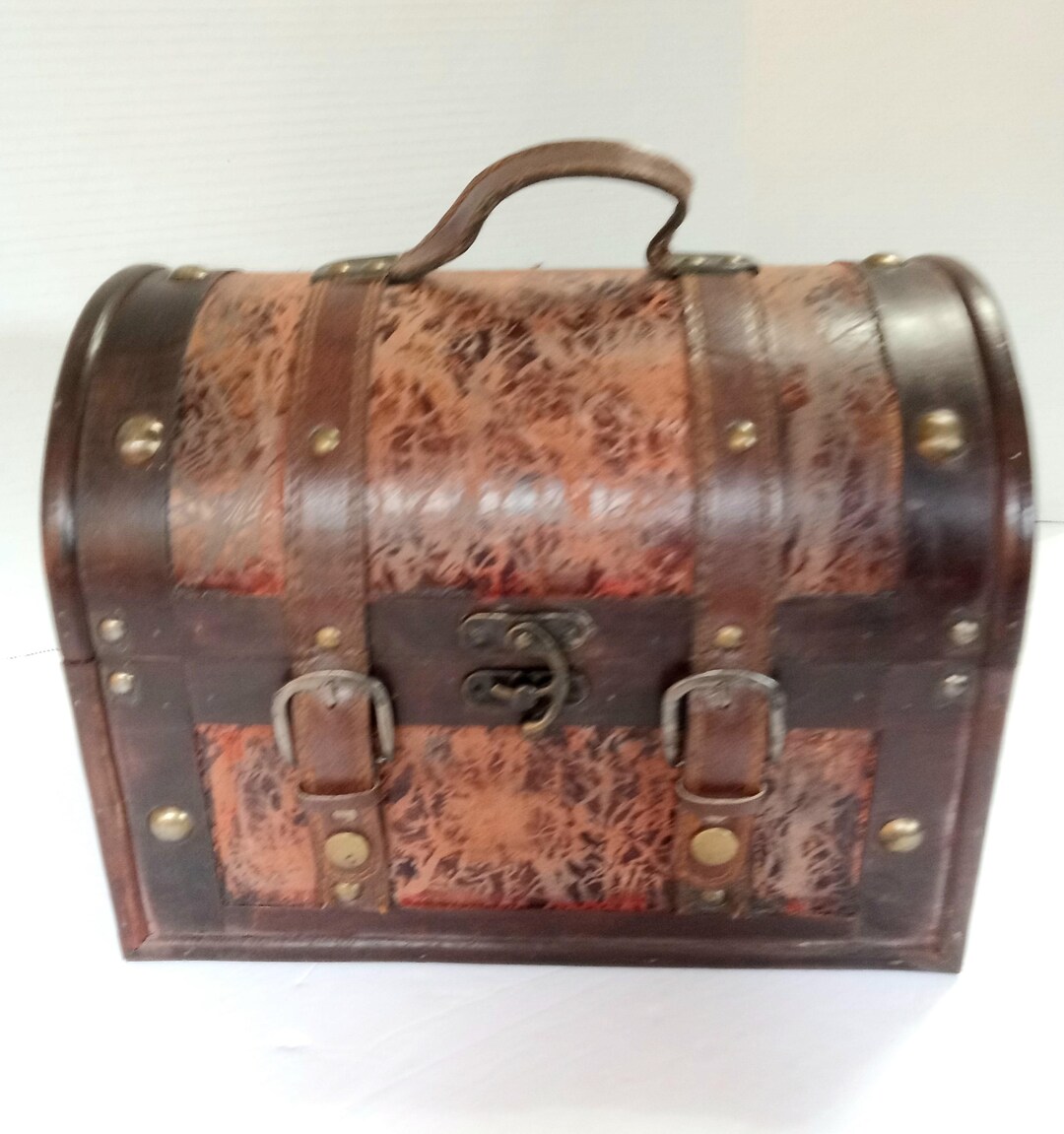 Vintage Flocked Leather and Leather Straps Studded Wood Chest, Treasure ...