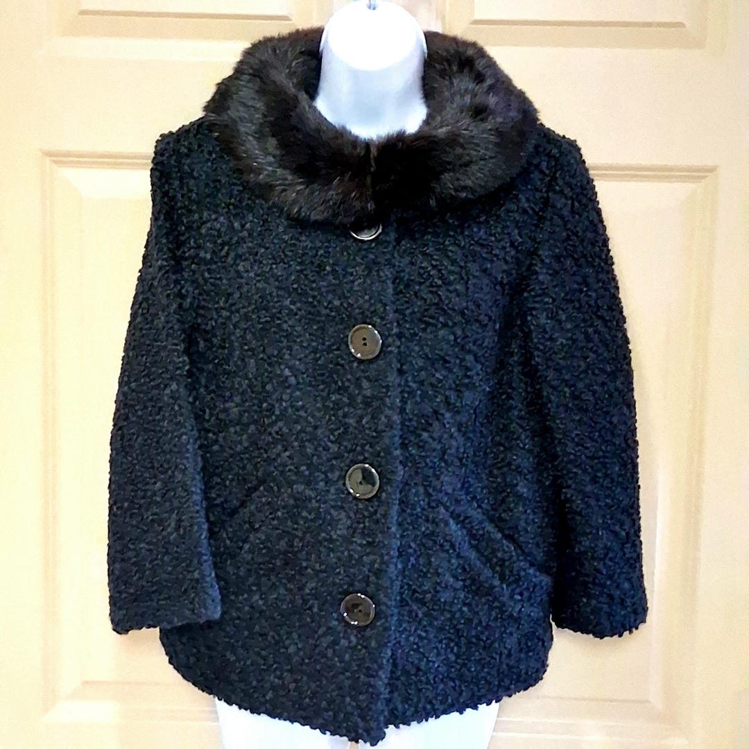 60s Vintage Curly Lamb Jacket, Dark Fur Collar Evening Coat - Etsy