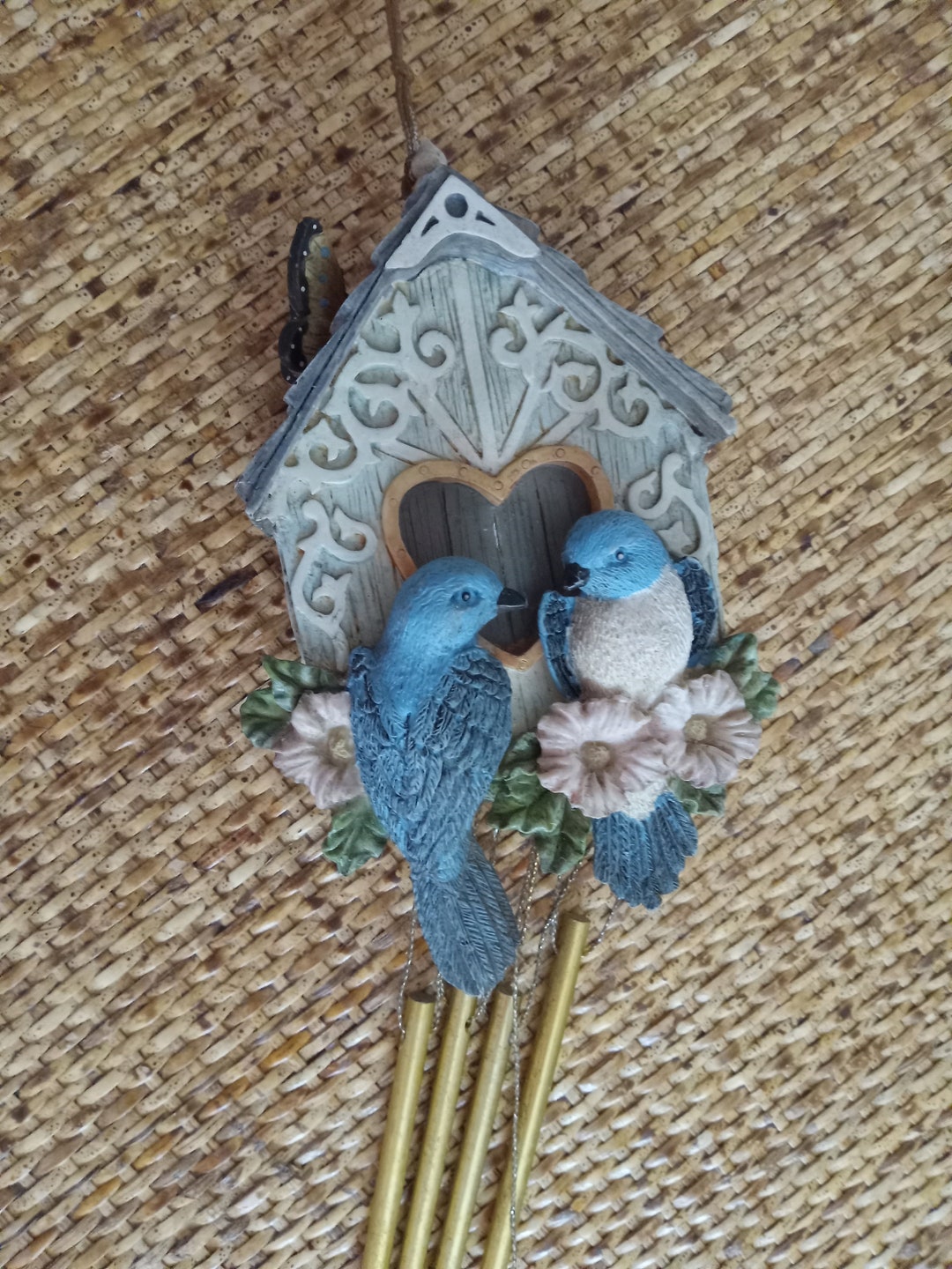 Vintage Resin Blue Birds Windchimes, Birdhouse Windchimes Pink Flowers ...