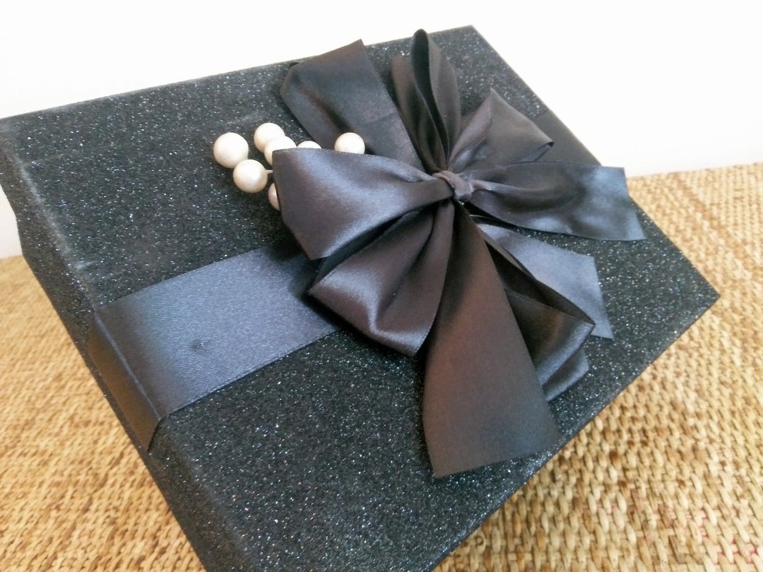 Black Glitter Gift Box With Black Satin Bow and Faux Pearls Accent 9 1/ ...