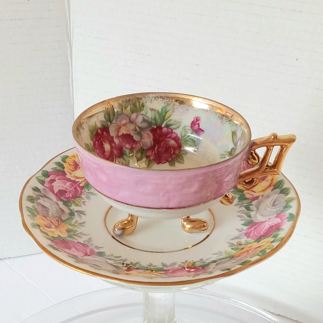 Dainty Delicate Mismatched Pink Roses Footed Teacup Set Luster ...