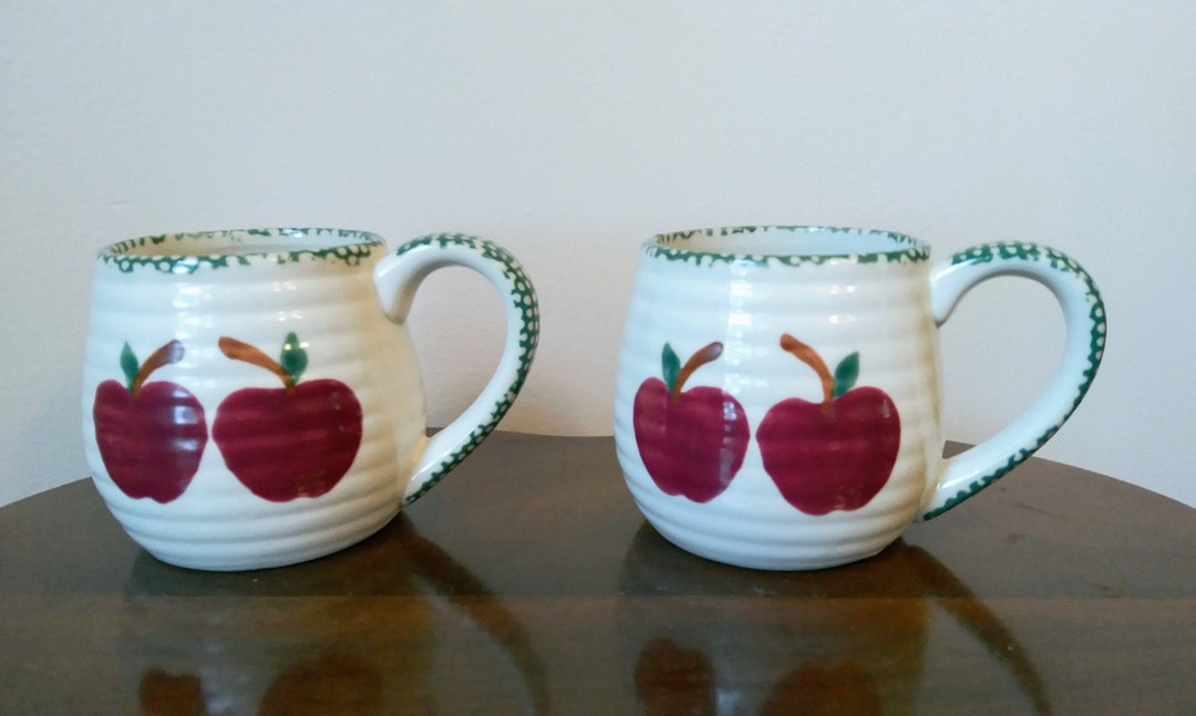 Primitive Folk Apple Green Spatterware Pair of Mugs Green Spongeware ...