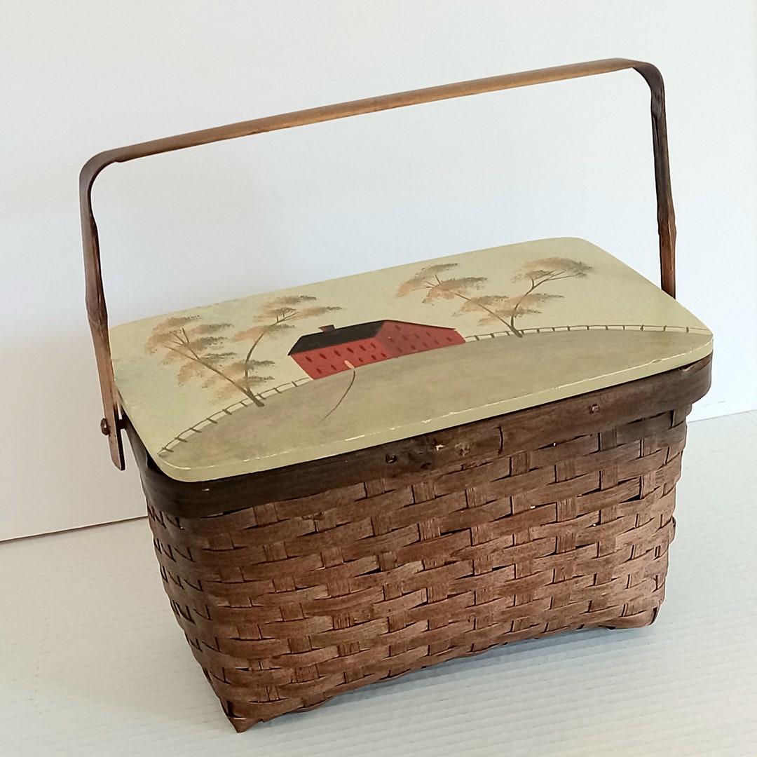 Vintage Folk Basket Purse Red Salt Box House Hand Painted Lid Primitive ...