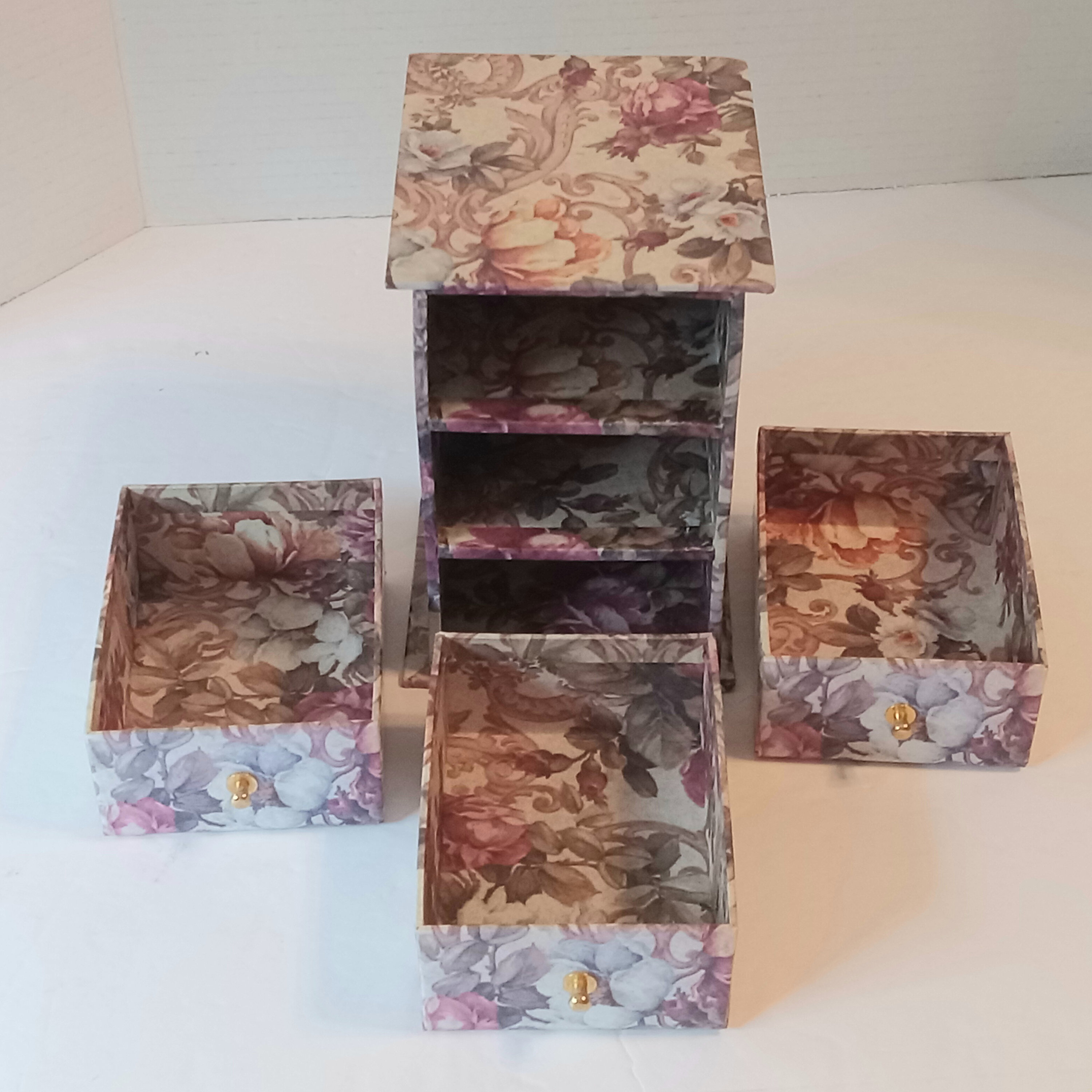 Vintage Small Decoupage Papier Mache Cardboard 3-drawer Vintage Small Decoupage Papier Mache Cardboard 3-drawer