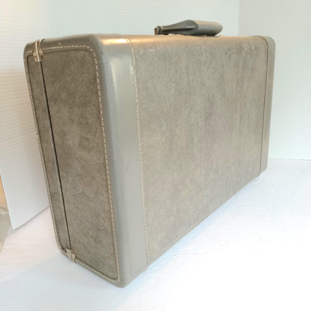 Vintage CROWN Gray Leather Suitcase: 1940s Hardcase With Key - Etsy