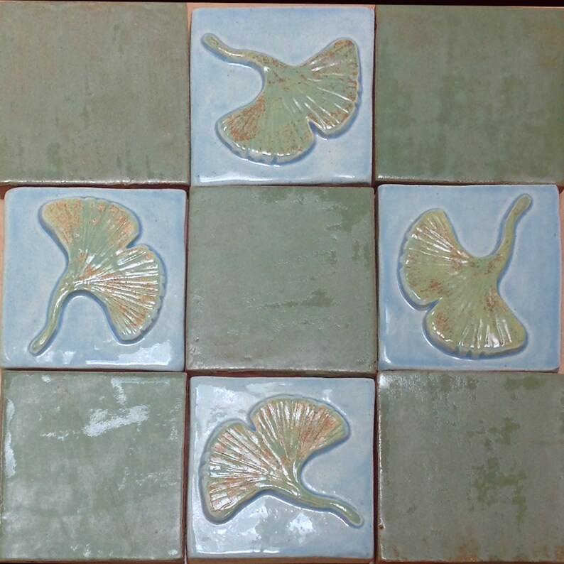 3 Gingko Tiles Blue & Green Glaze. Four Craftsman Tile - Etsy