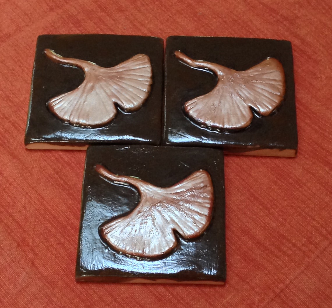 3" Ginkgo Tile, Arts and Crafts Tile, Espresso and Copper Glaze.set of ...