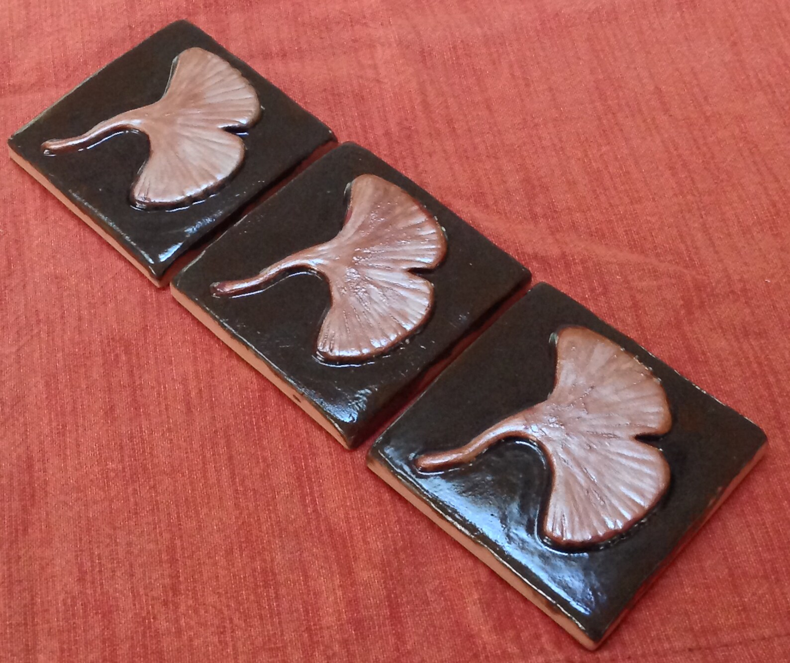 3" Ginkgo Tile, Arts and Crafts Tile, Espresso and Copper Glaze.set of ...