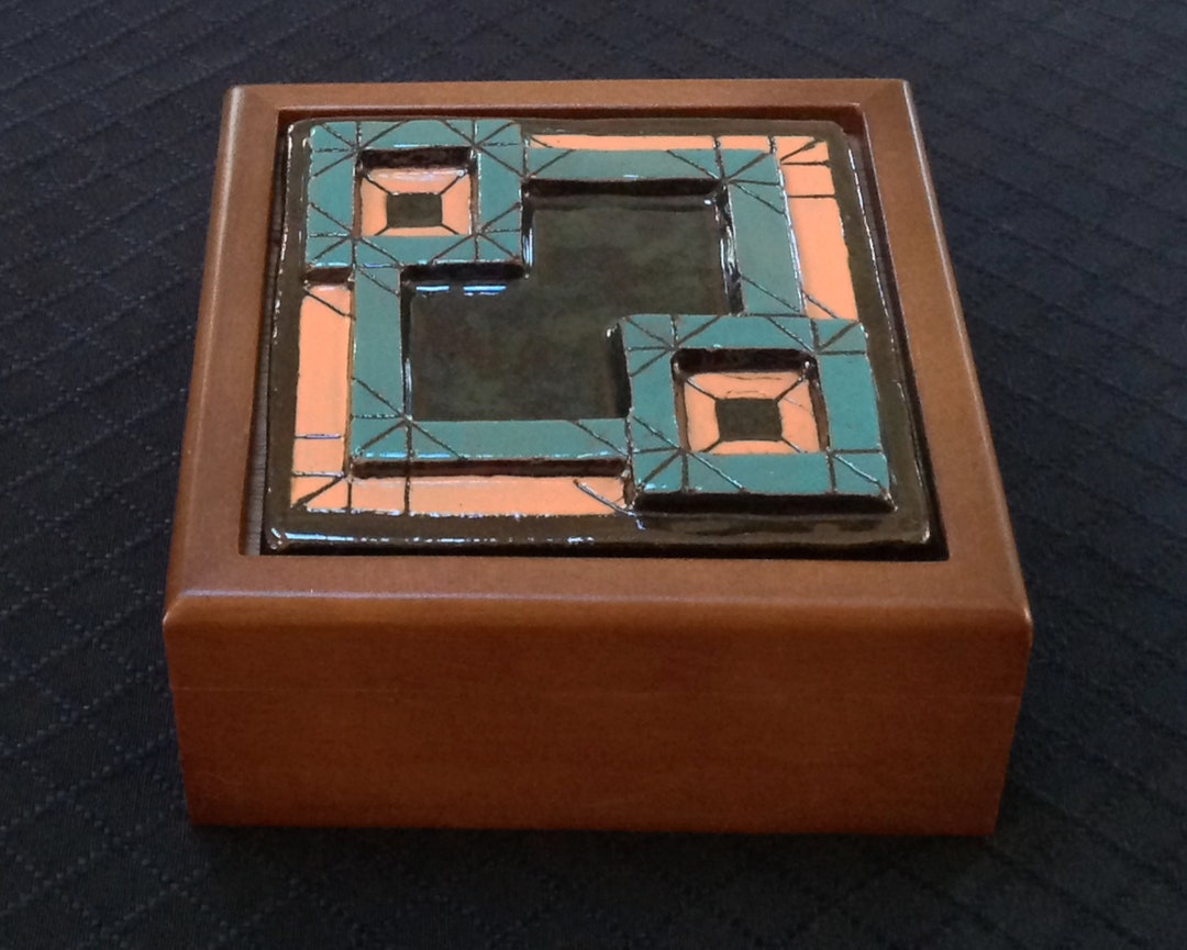 Tile Topped Box, Small Treasure Box, Dark Brass, Turquoise & Peach ...