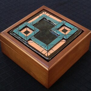 Tile Topped Box, Small Treasure Box, Dark Brass, Turquoise & Peach ...