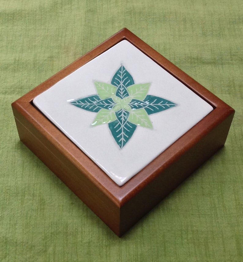 Tile Topped Box, Small Treasure Box, Med and Lime Green on White Leaf ...