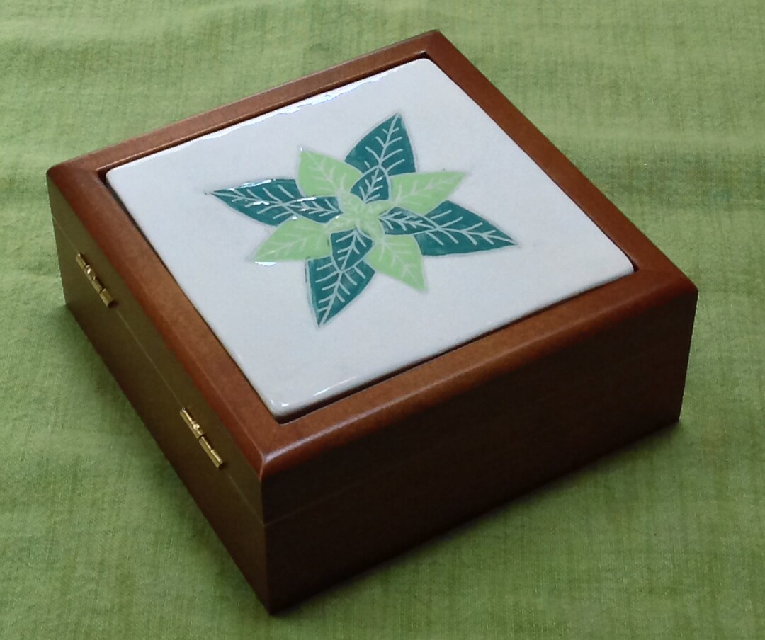 Tile Topped Box, Small Treasure Box, Med and Lime Green on White Leaf ...