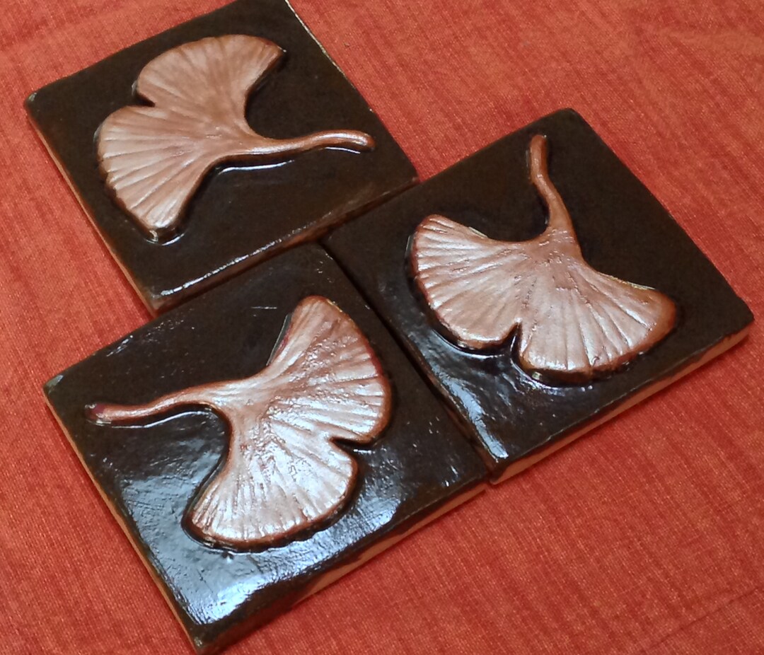 3" Ginkgo Tile, Arts and Crafts Tile, Espresso and Copper Glaze.set of ...