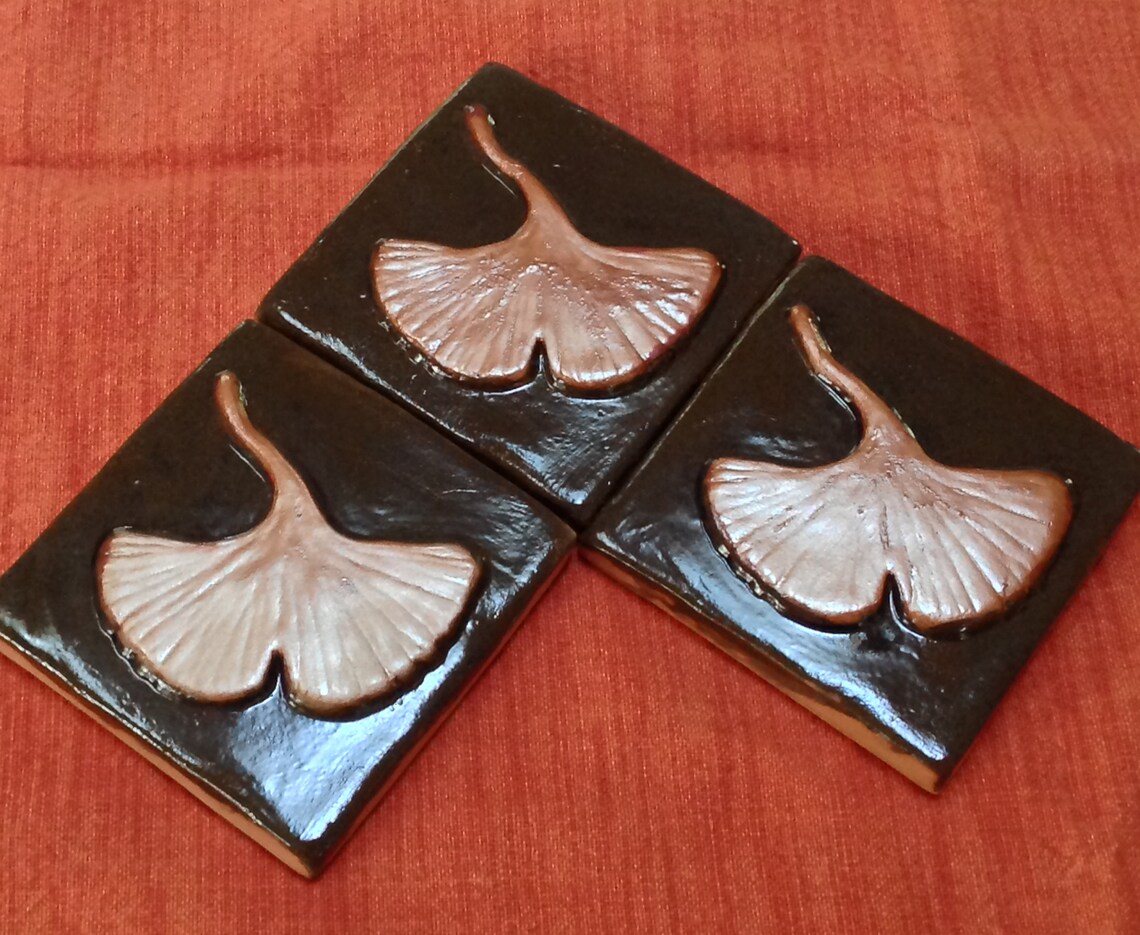 3" Ginkgo Tile, Arts and Crafts Tile, Espresso and Copper Glaze.set of ...