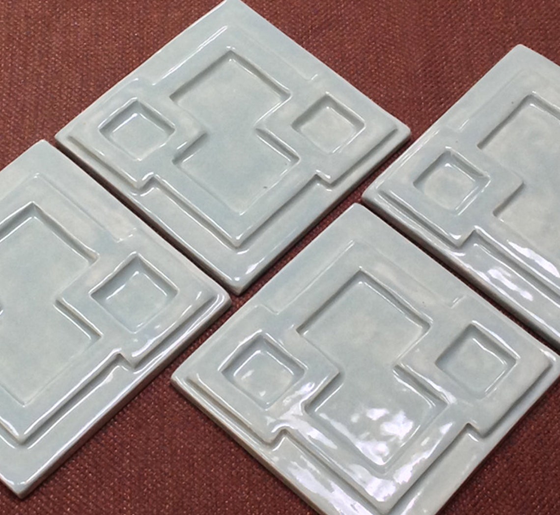 4 3D Geometric Tiles Set of 4 Prairie Style Celadon | Etsy