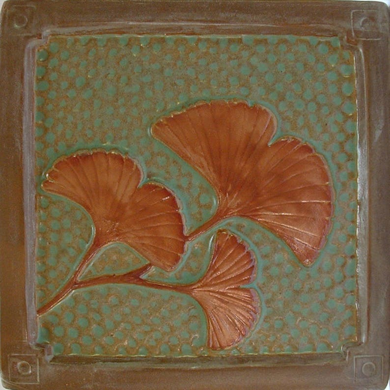 Gingko Tile 6 Inch Green and Copperfireplace or Kitchen - Etsy