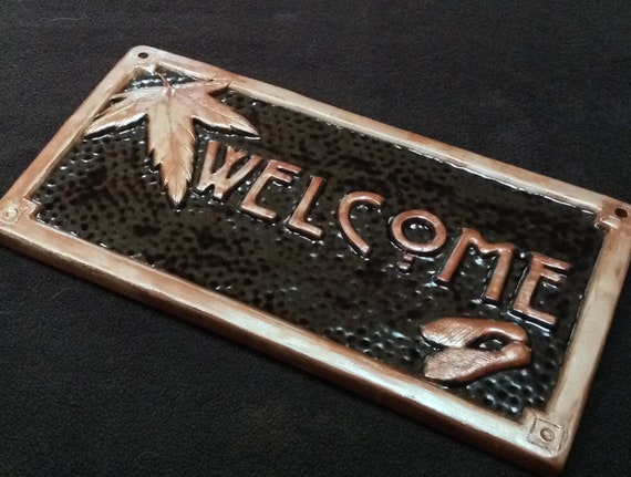 Welcome Sign Tile Maple Leaf Wedding Gift Craftsman Espresso - Etsy