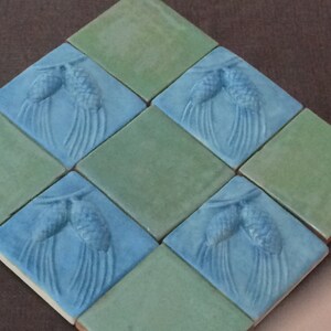Pine-cone Tiles Set of 4 , Arts and Crafts Blue Tile for Fireplace ...