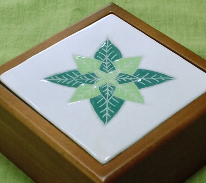Tile Topped Box, Small Treasure Box, Med and Lime Green on White Leaf ...